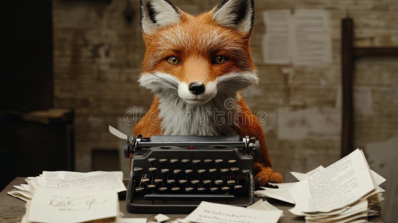 A Fox Styled As a Writer, with a Typewriter and Scattered Pages on a ...