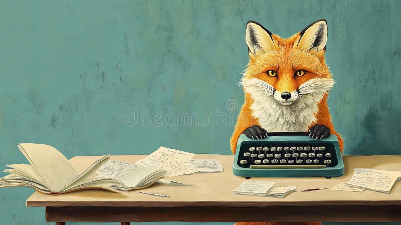 A Fox Styled As a Writer, with a Typewriter and Scattered Pages on a ...