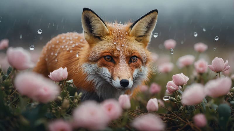 Red Fox in Pink Roses Garden during Rain Shower Stock Illustration ...