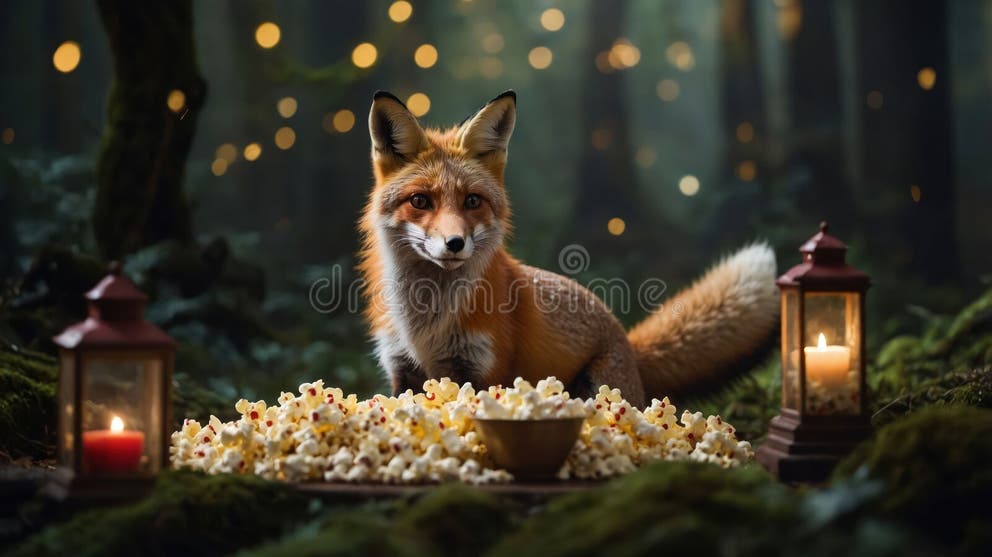 Red Fox Enjoys Popcorn in a Magical Forest Setting at Night Stock ...