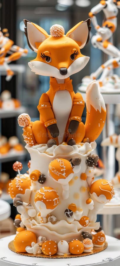 A Fox Themed 3D Decorated Cake in a Bakery Shop Stock Illustration ...