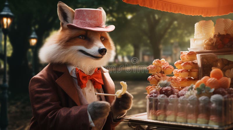 Fox in Top Hat Holding Stick. Generative AI Stock Illustration ...