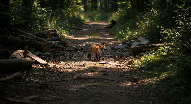 Fox Walking on Forest Path with Sunlight Shining through Trees Stock ...