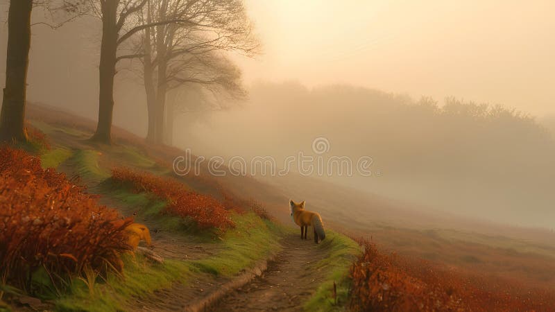 Fox Walking on the Path in Misty Morning on Autumn Season Stock ...