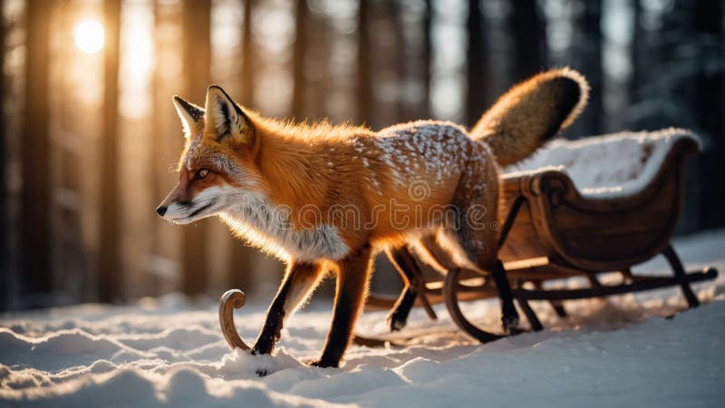 A Fox Walking beside a Vintage Sled in a Snowy Forest during Sunset ...