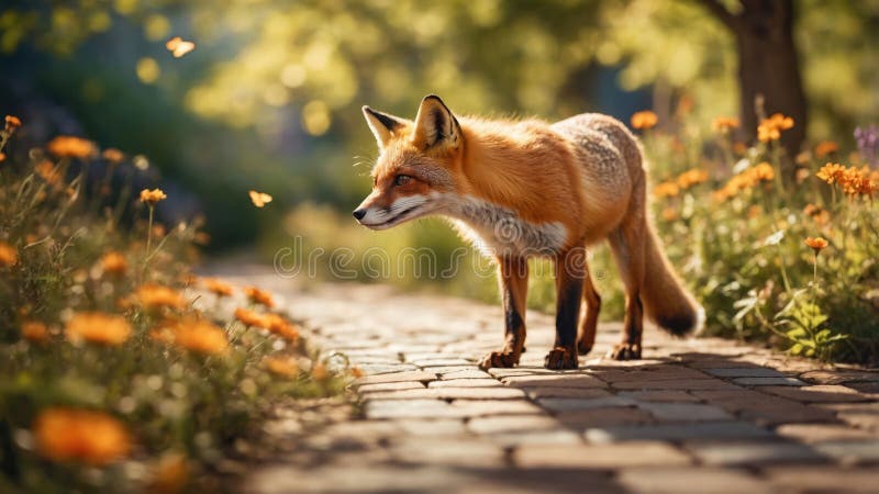 Red Fox Walking on Brick Path in Sunny Garden with Orange Flowers Stock ...