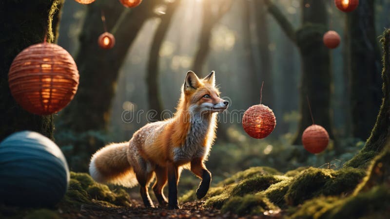Enchanted Forest Fox with Glowing Lanterns Stock Illustration ...