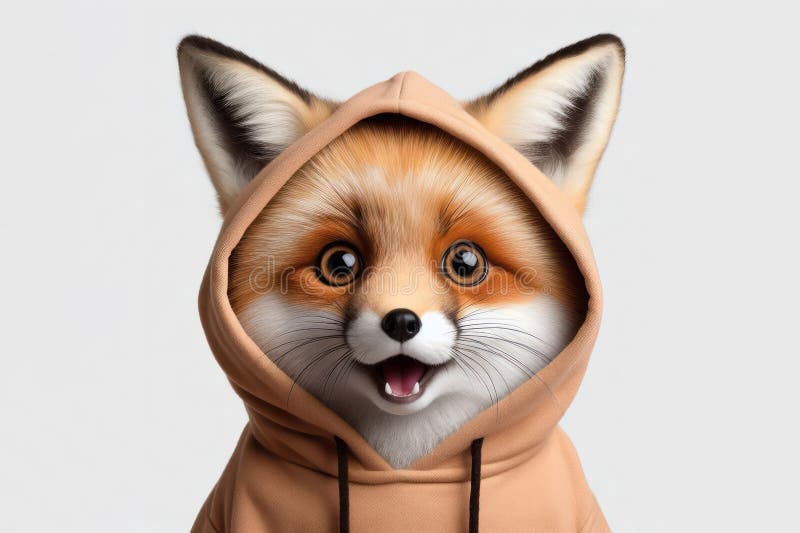 Fox Wear Hoody with Surprised Face Isolated on Solid White Background ...