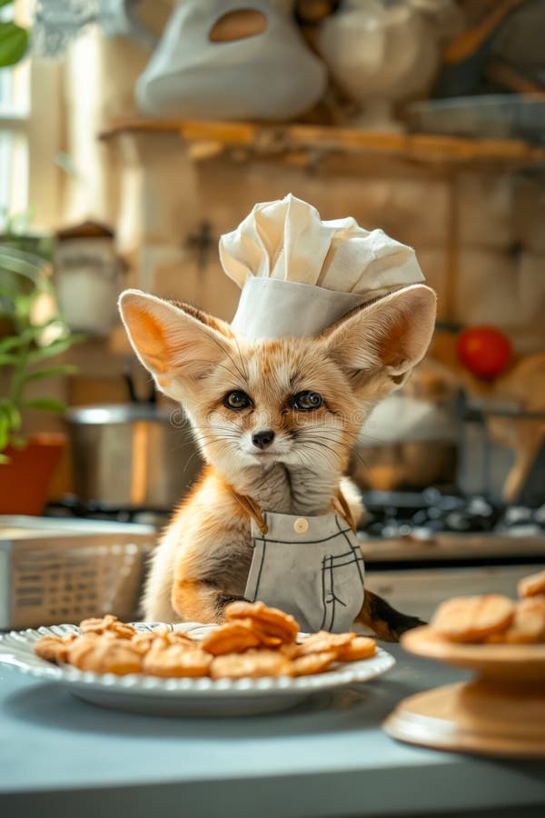 A Fox Wearing a Chef S Hat Sitting at a Table with a Plate of Cookies ...