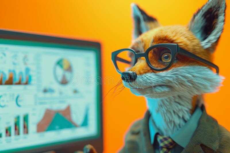 A Fox Wearing Glasses is Sitting in Front of a Computer Monitor with ...