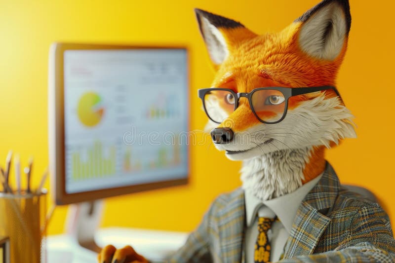 A Fox Wearing Glasses is Sitting in Front of a Computer Monitor with ...