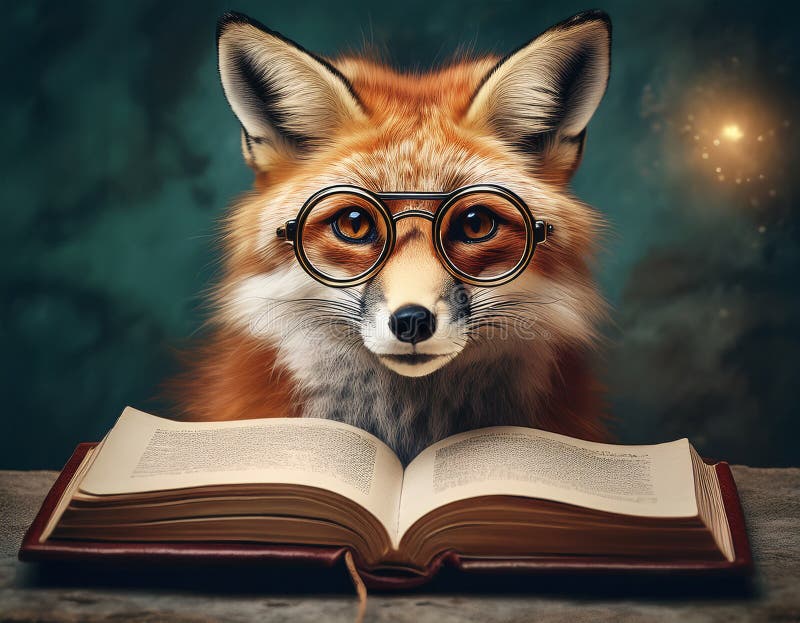 A Fox Wearing a Pair of Vintage Round Glasses Staring at an Open Book ...