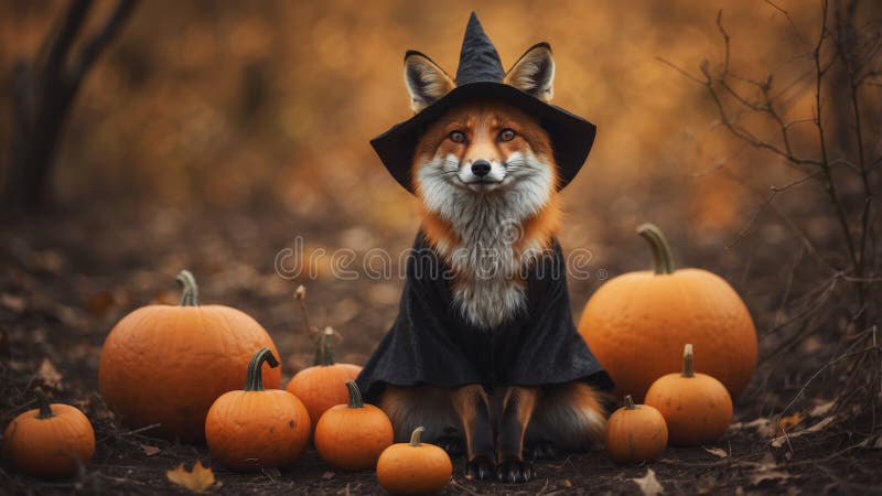 Fox in Witch Costume with Pumpkins for Halloween. Stock Illustration ...