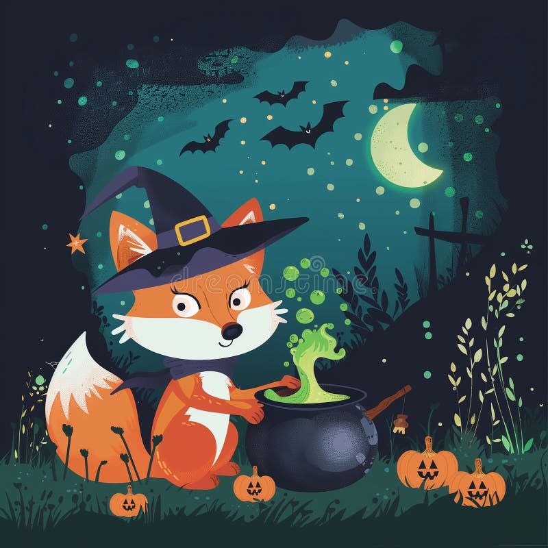 A Fox in a Wizard Hat Preparing a Potion at Night. Illustration ...