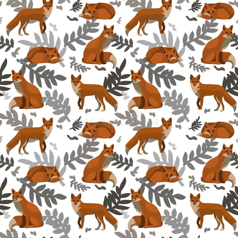 Foxes in Different Poses and from Different Angles. Seamless Pattern of Foxes with Branches and ...