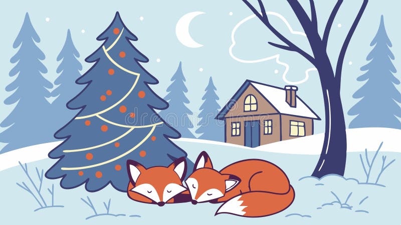 Foxes Resting Near a Glowing Christmas Tree and Cabin in Winter Forest ...