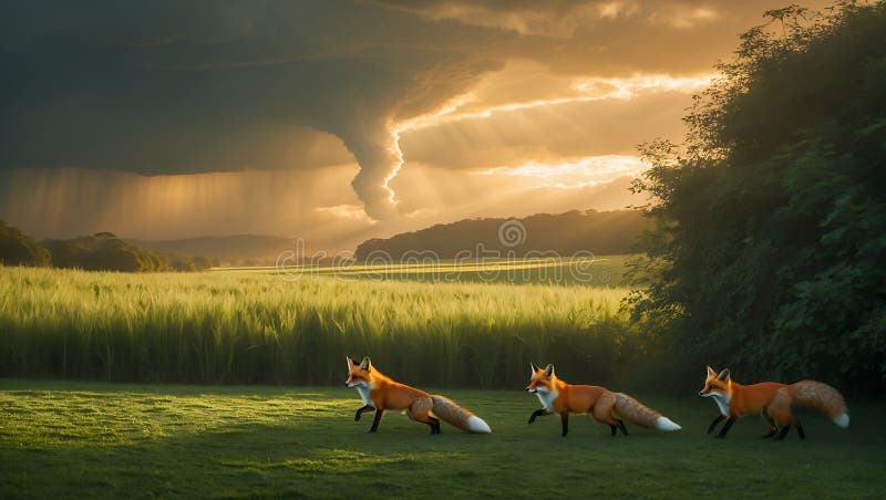 Three Red Foxes Running Across a Green Field at Sunset Stock ...