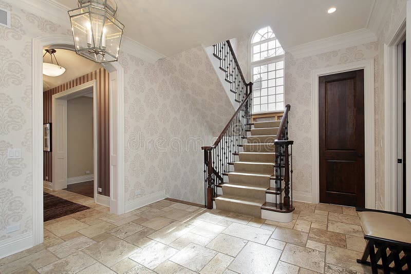 Foyer with Second Floor Landing Stock Photo - Image of design, home ...