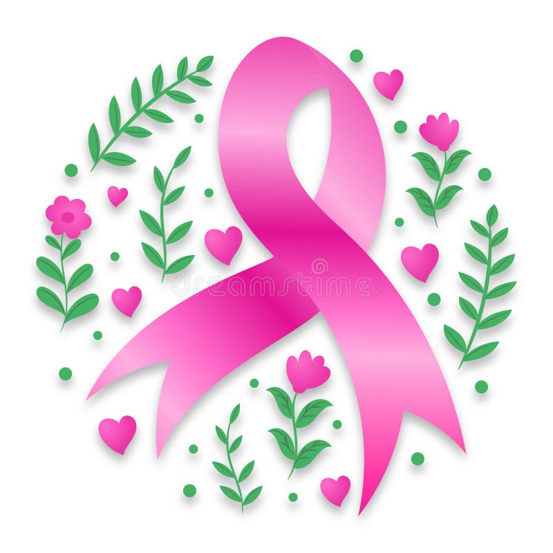 Cute World Cancer Day Vector Icon with Pink Ribbon, Flower and Floral ...
