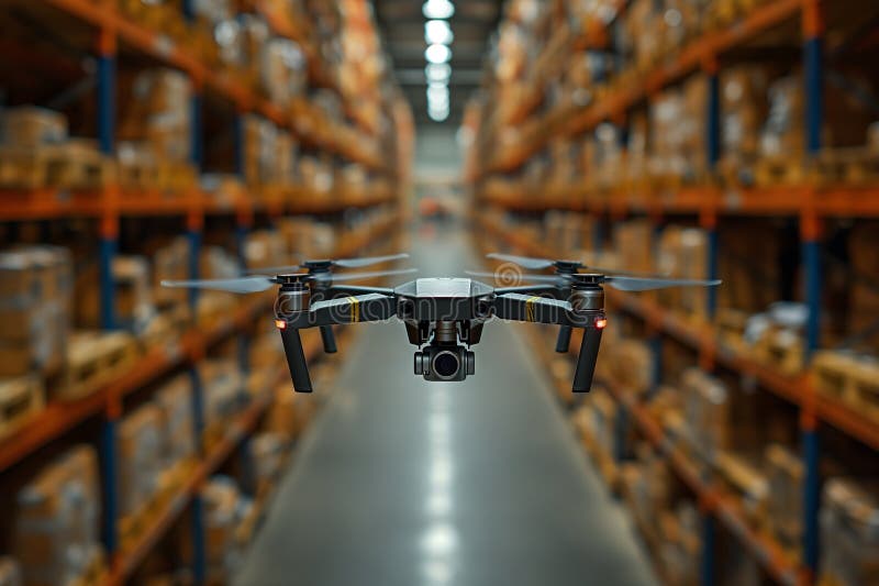 FPV Drone is Flying through the Warehouse. Drone with Digital Camera ...