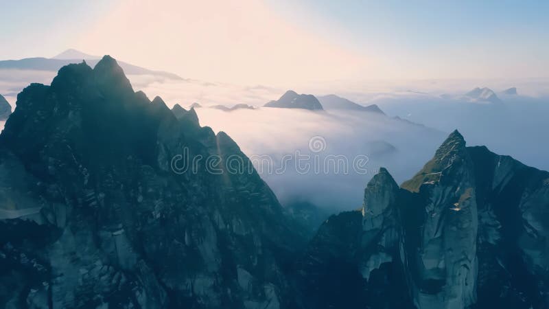 FPV Shot Soaring Over Sharp Mountain Peaks Piercing through the Clouds ...