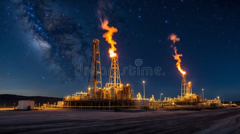 Fracking Site at Night with Rig Flames and Starry Sky Highlighting ...