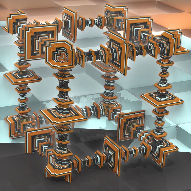 Fractal Chains of Rectangles, Cube Structure. Orange, Black and Light ...