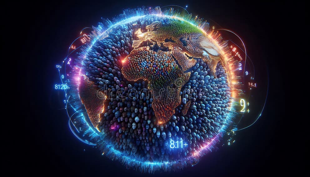 Fractal Earth: Global Population in Orbiting Data Stock Illustration - Illustration of neon ...