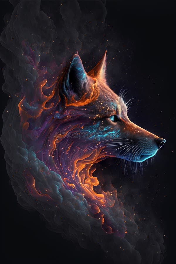 Fractal Illustration of a Fox Head with Fire Effect on a Black ...
