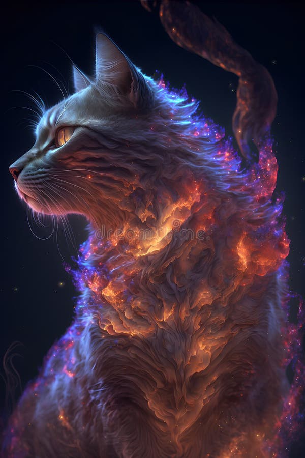 Fractal Image of a Cat with Fire and Smoke. 3d Rendering Stock ...