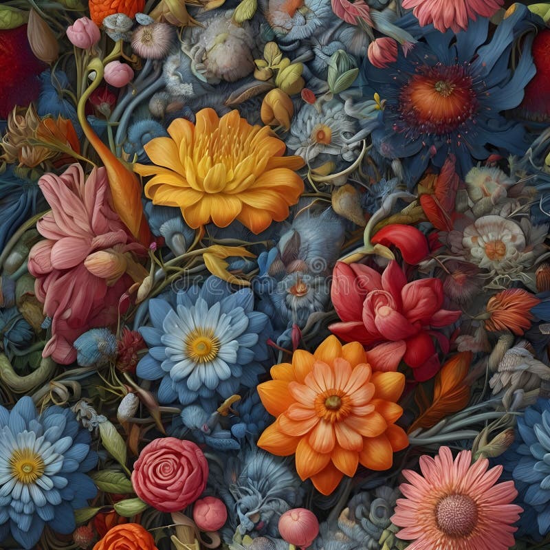 Fractal Painting of Many Different Textures and Types of Flowers. Stock ...
