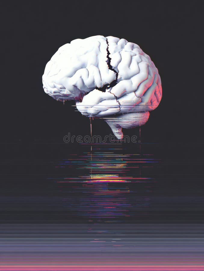 Fractured Brain with Glitch Effect Against Dark Gradient Background and ...
