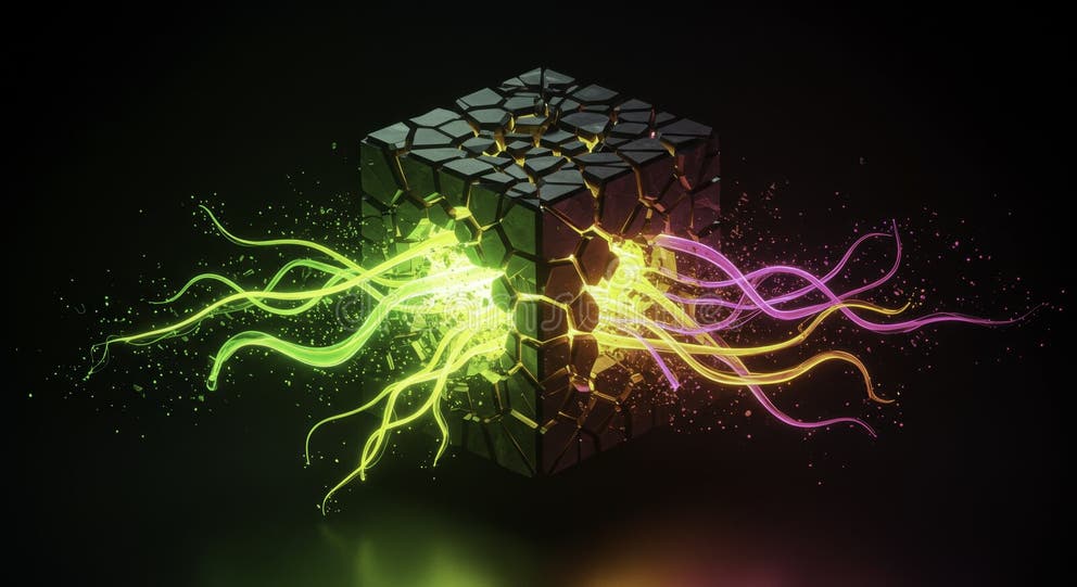 Shattering Cube with Neon Energy Streams: Abstract 3D Render Stock ...