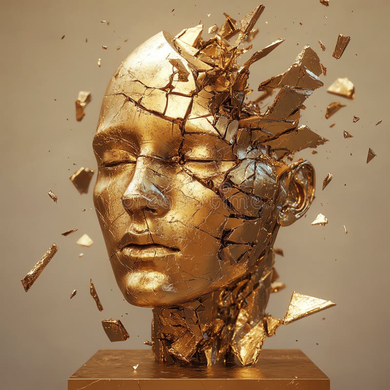 A Fractured Golden Head Sculpture with Floating Shards, the ...