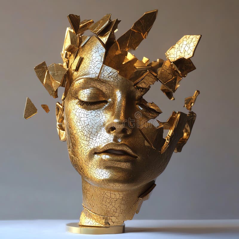 A Fractured Golden Head Sculpture with Floating Shards, the ...