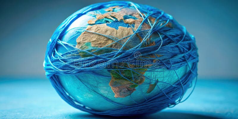 A Fragile Globe Entangled in a Web of Blue Thread, Symbolizing Global ...