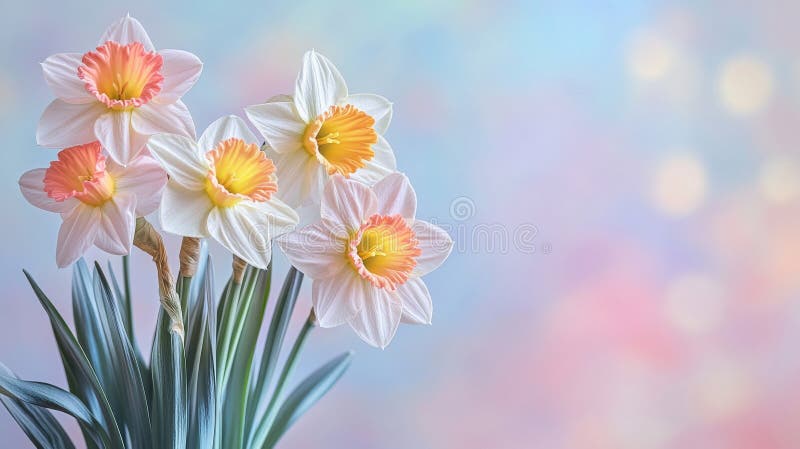 Fragile Pink Daffodils Blossoming with a Calm Pastel Sky As a Backdrop ...