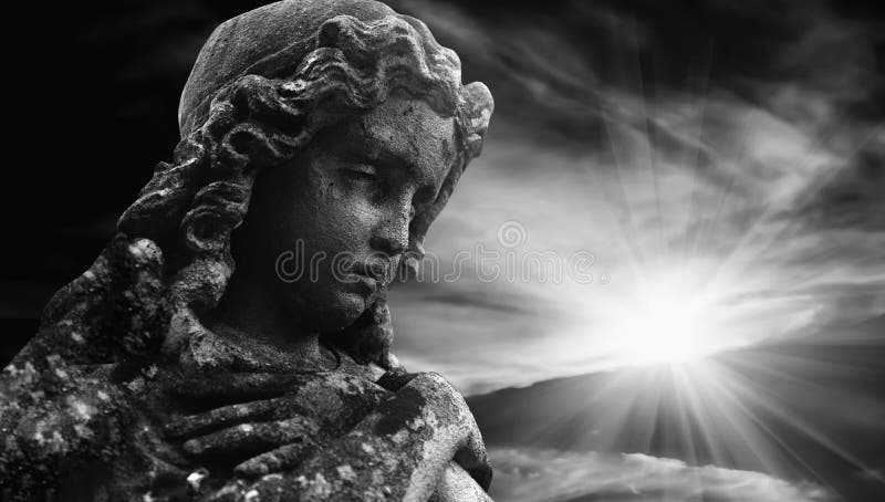 Fragment of Ancient Stone Statue of Guardian Angel in Sun Rays Stock ...
