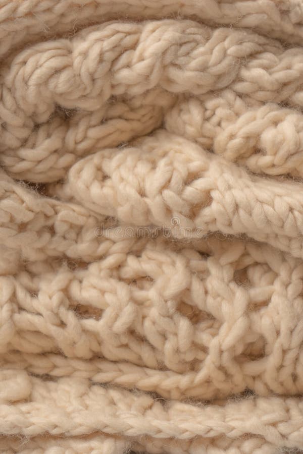 A Fragment of Beige Knitted Fabric, Knitted from White Sheep Wool Stock ...