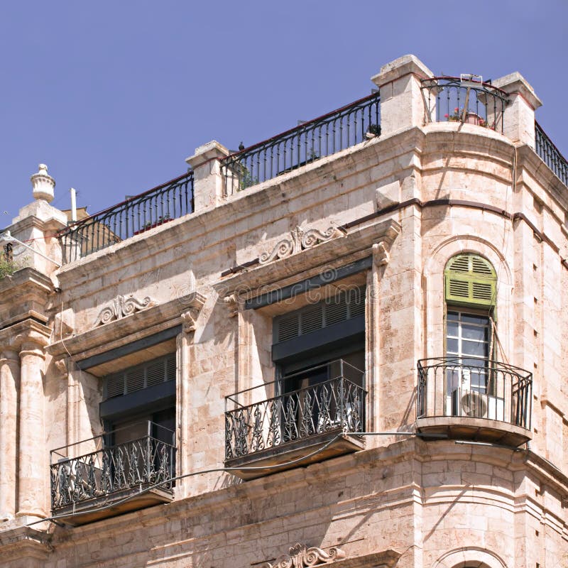 Fragment of a Building with Windows and Balconies of Old Jerusalem ...