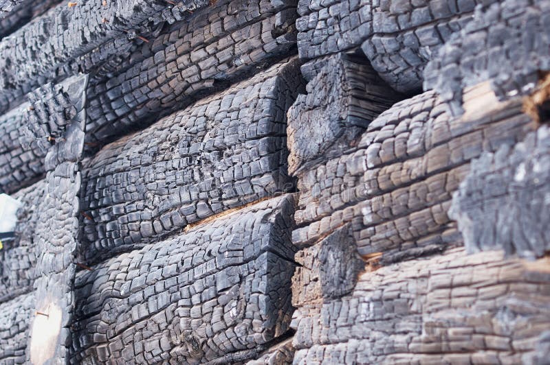 Fragment of a Burnt Log Hut. after the Fire. Texture of Charred Wood ...