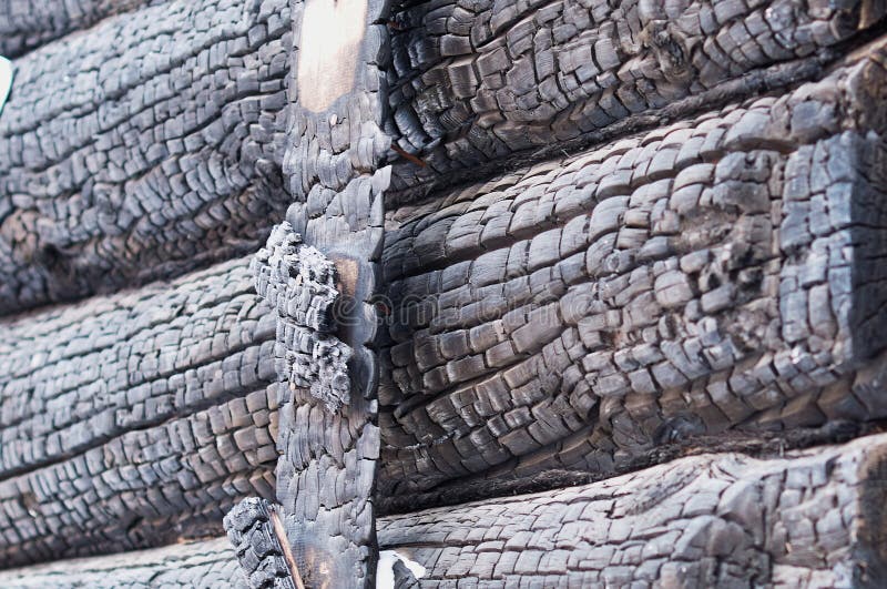 Fragment of a Burnt Log Hut. after the Fire. Texture of Charred Wood ...