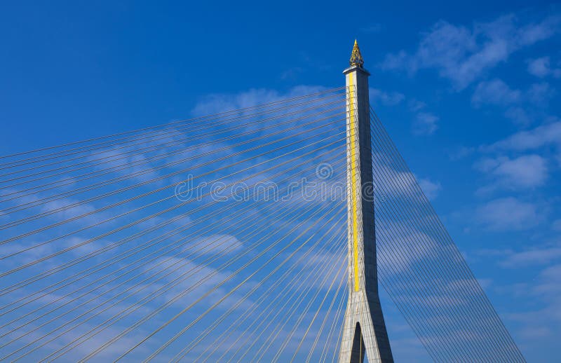 Fragment of a Cable Stayed Bridge on Blue the Sky Background. Stock ...
