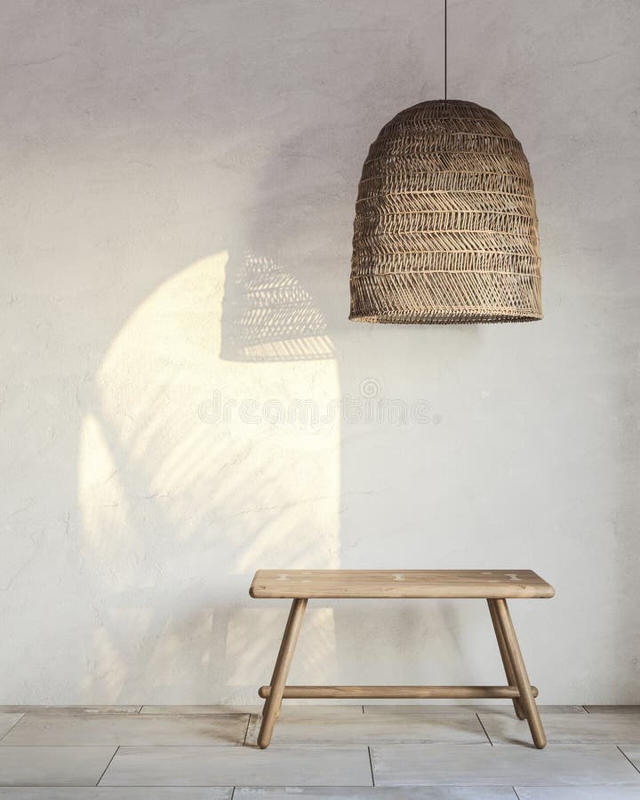 Fragment of an Interior with a Wicker Lampshade and a Wooden Bench with ...