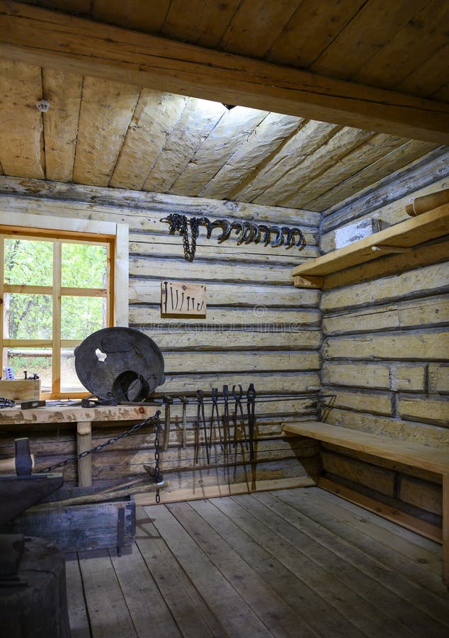 Fragment of a Medieval Blacksmith S Workshop in a Wooden Hut with Tools ...