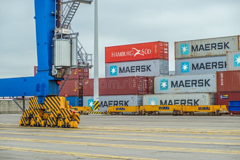 Fragment of Modern Blue Crane for Loading of Containers for Ships ...