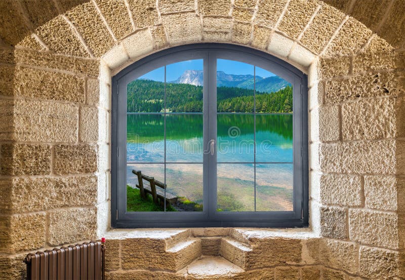 Fragment of a Stone Wall with a Window. Landscape with a Lake and a ...