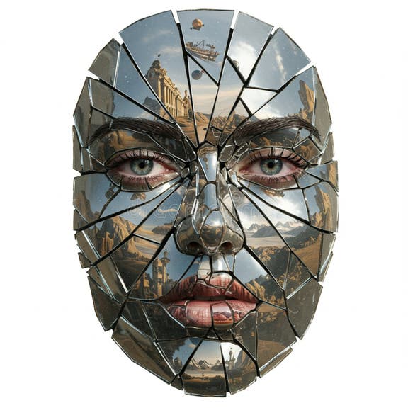 A Fragmented Face Composed of Mirrored Pieces, Reflecting a Surreal ...