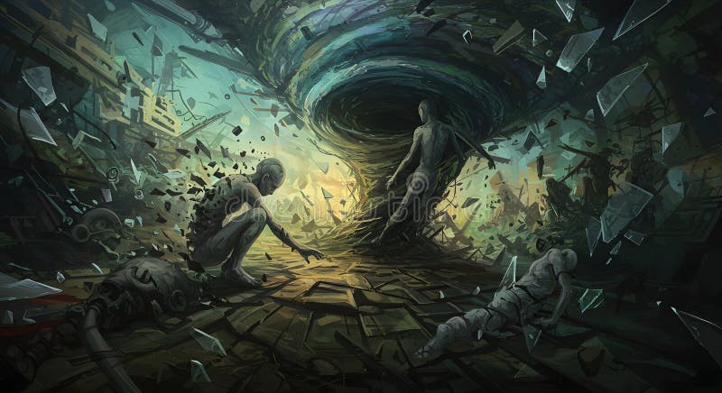 Fragmented Figures Confront a Tornado of Shattered Time and Space Stock ...