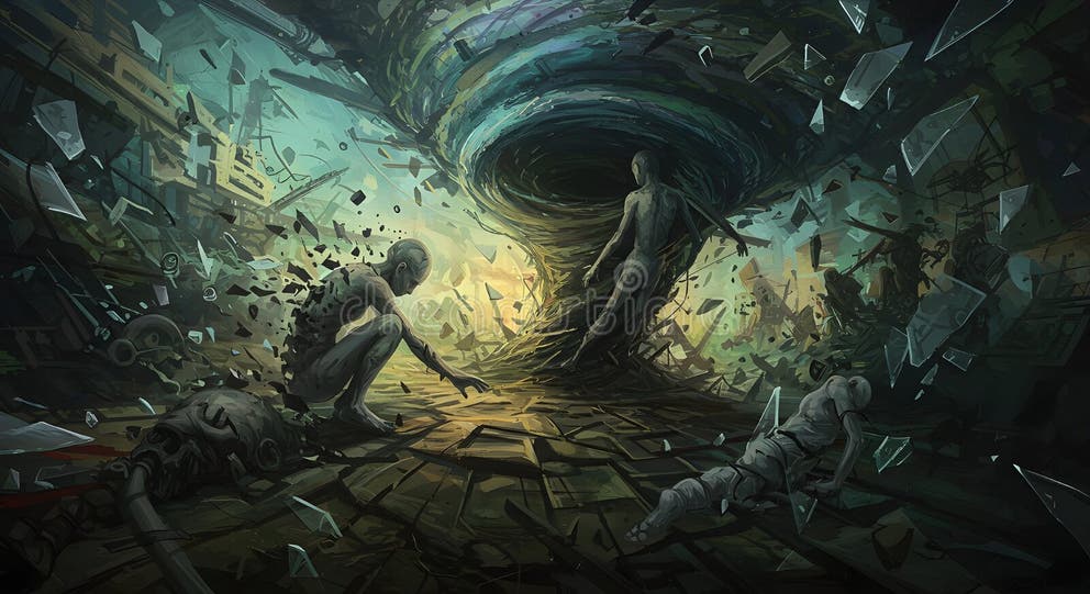Fragmented Figures Confront a Tornado of Shattered Time and Space Stock ...